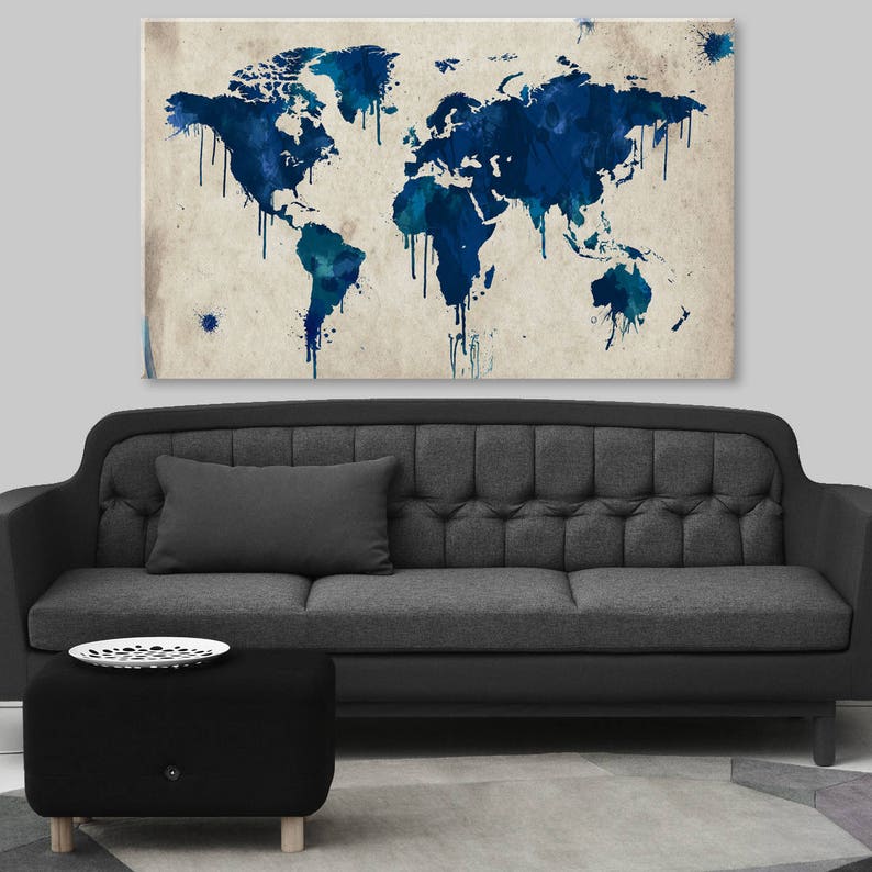 World Map Canvas Navy Blue Map Decor Large Canvas Decor | Etsy