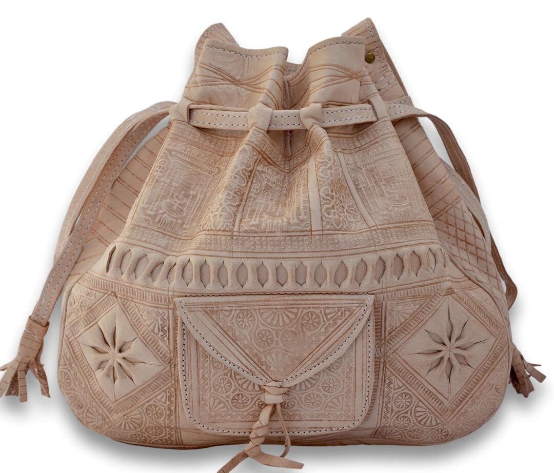 Moroccan Leather Bucket Shoulder Drawstring Bag, Leather Purse, Vintage ...