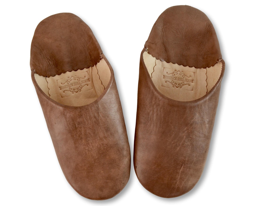 Moroccan Babouche Slippers, Brown Leather Babouche, Womens Slippers ...