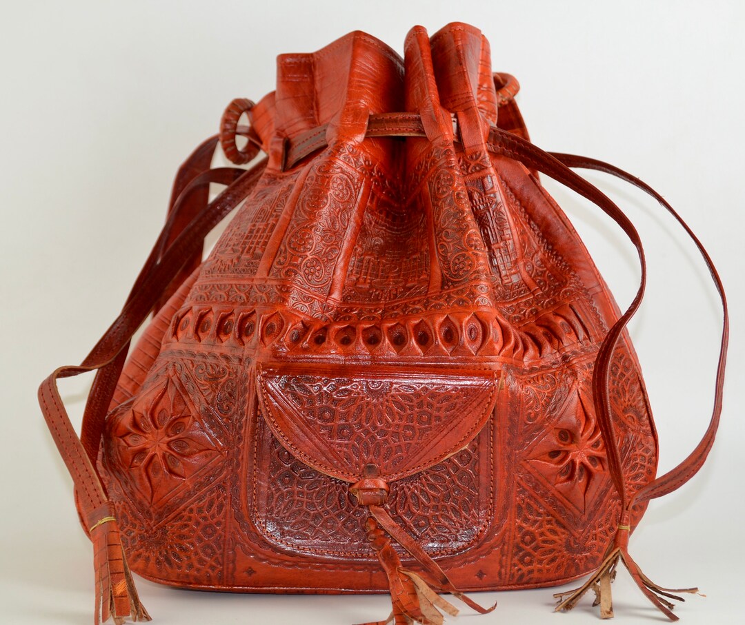 Moroccan Leather Drawstring Bucket Bag, Leather Shoulder Bag, Handmade ...