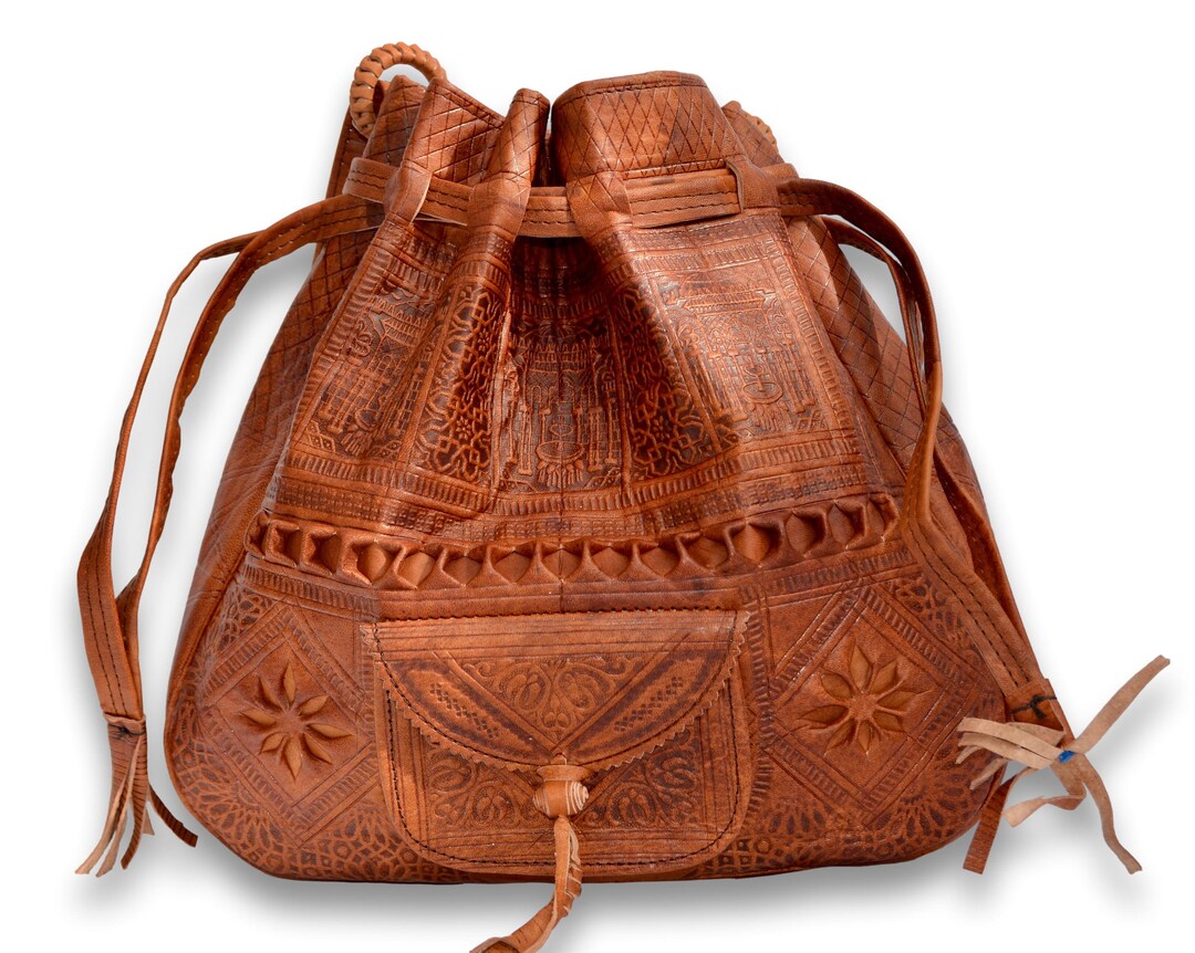 Moroccan Leather Bucket Shoulder Drawstring Bag, Vintage Style ...
