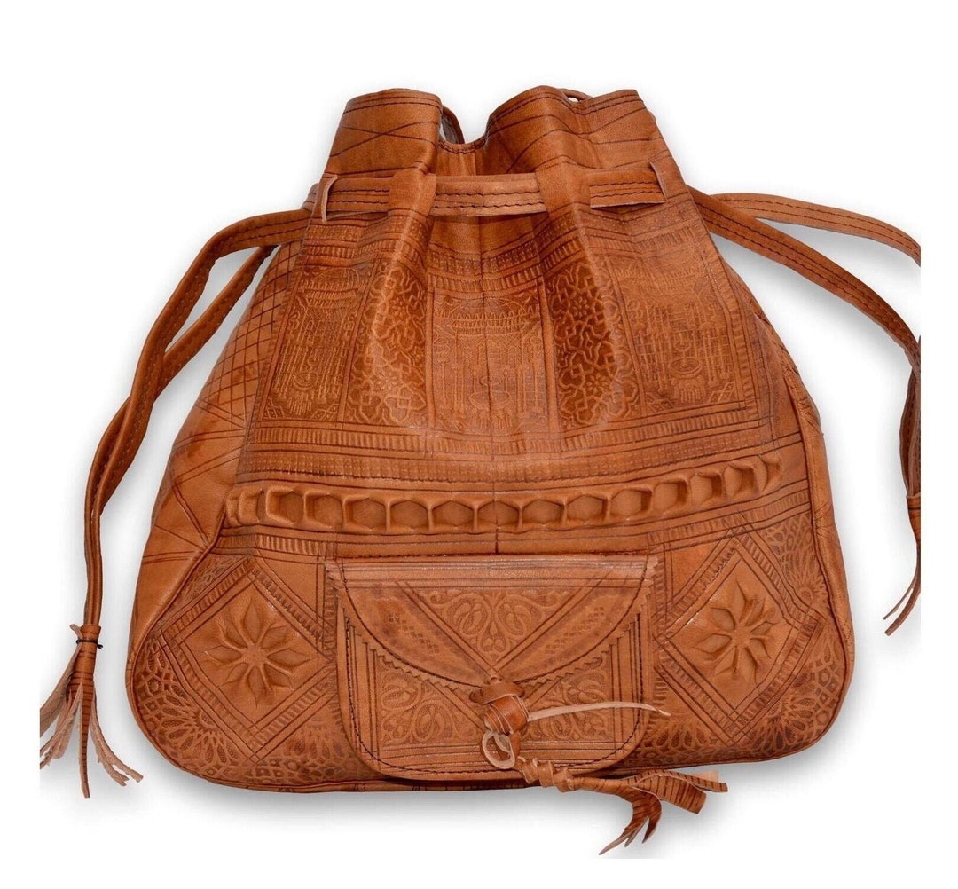 Moroccan Leather Bucket Shoulder Drawstring Bag, Leather Purse, Vintage ...