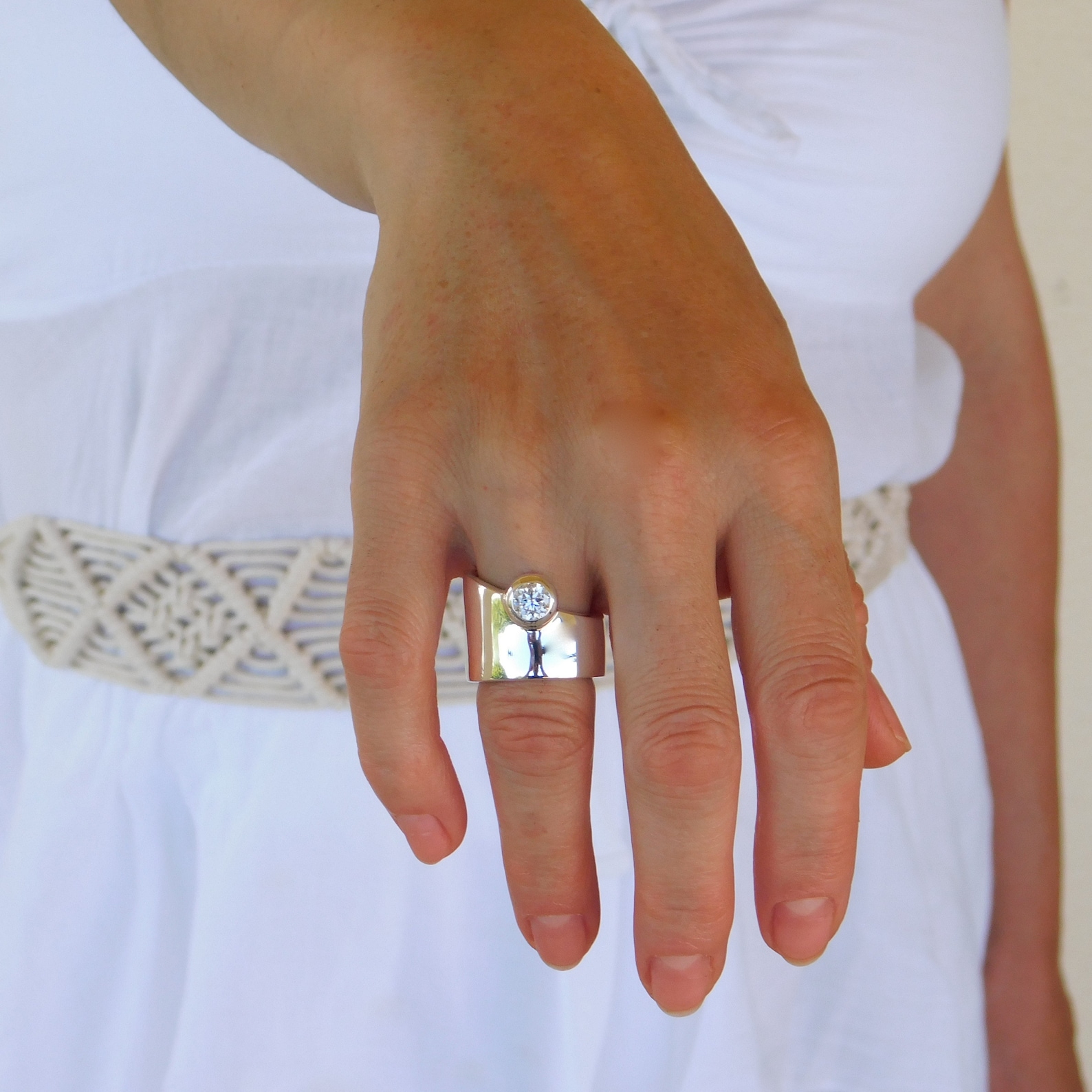 Chunky Moissanite Solitaire Ring: Wide Band AG950 Silver Wedding Ring ...