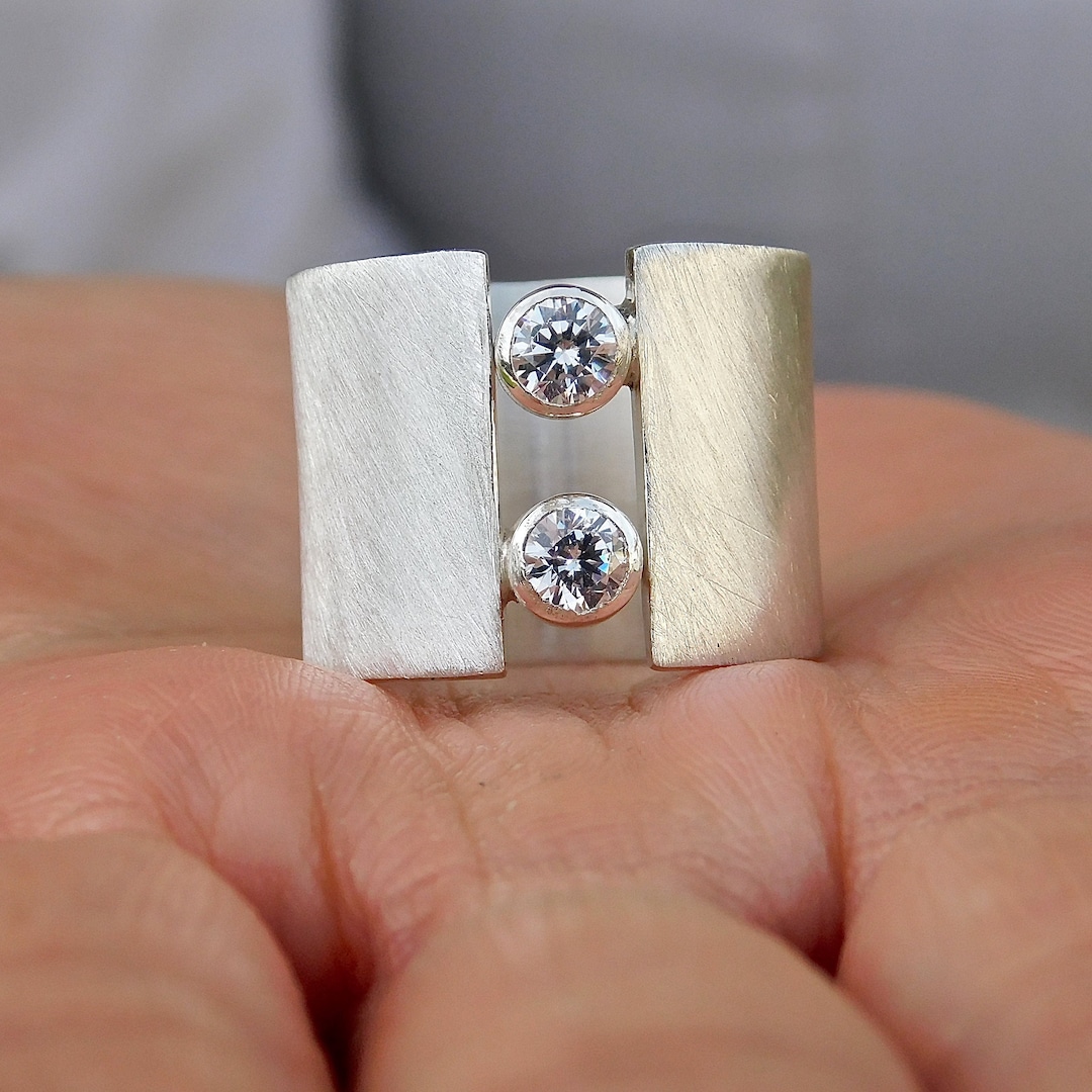 Wide Wedding Ring, Brushed Ring, Silver Band Ring, Ring for Women, Two Stone Ring, Chunky ...