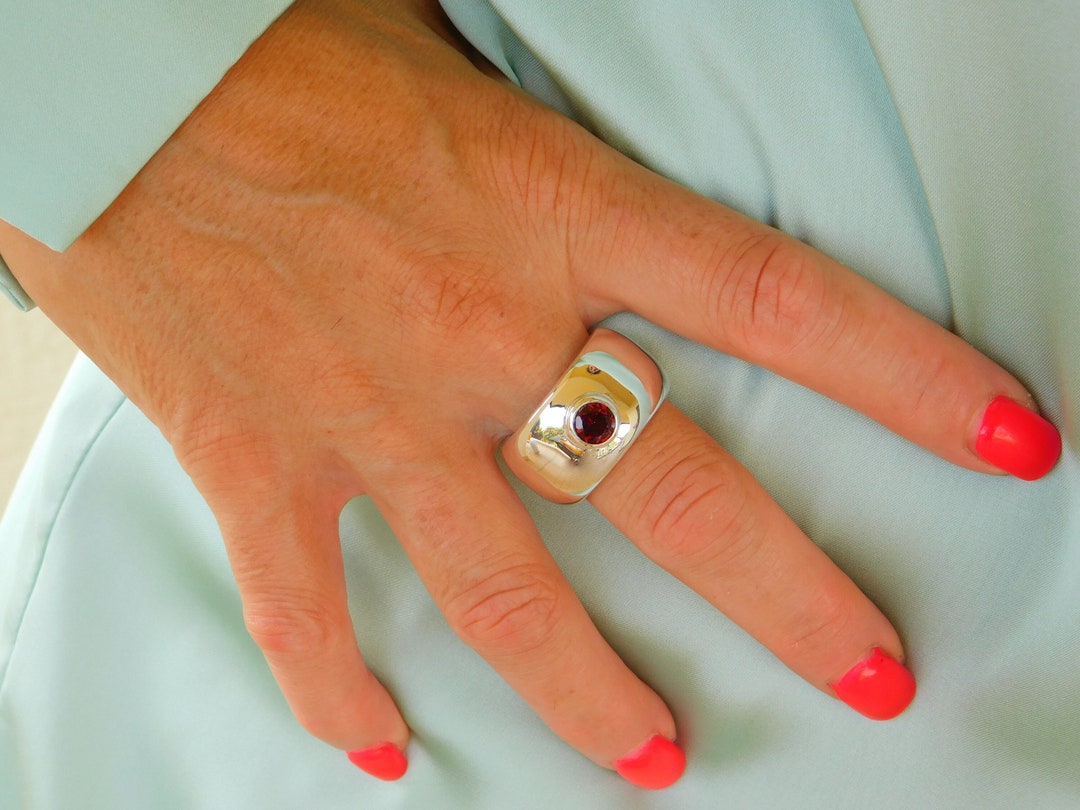 Wedding Band Silver, Chunky Band Ring, Dome Ring, Garnet Ring, Wide ...