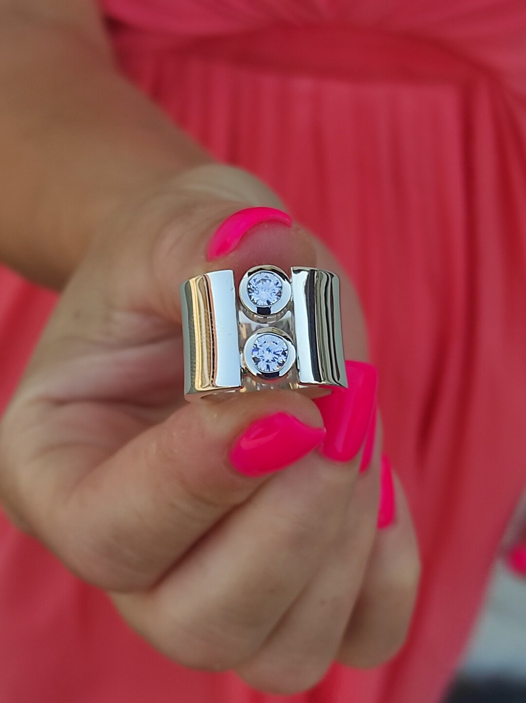 Wide Band Ring for Women, Wedding Ring, Engagement Ring, Double Stone ...