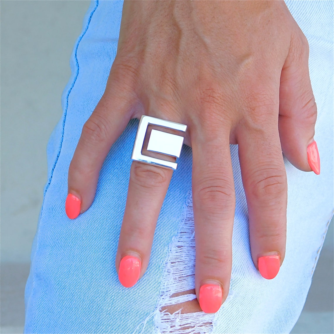 Big Statement Ring Silver Square Geometric Ring Large Square | Etsy