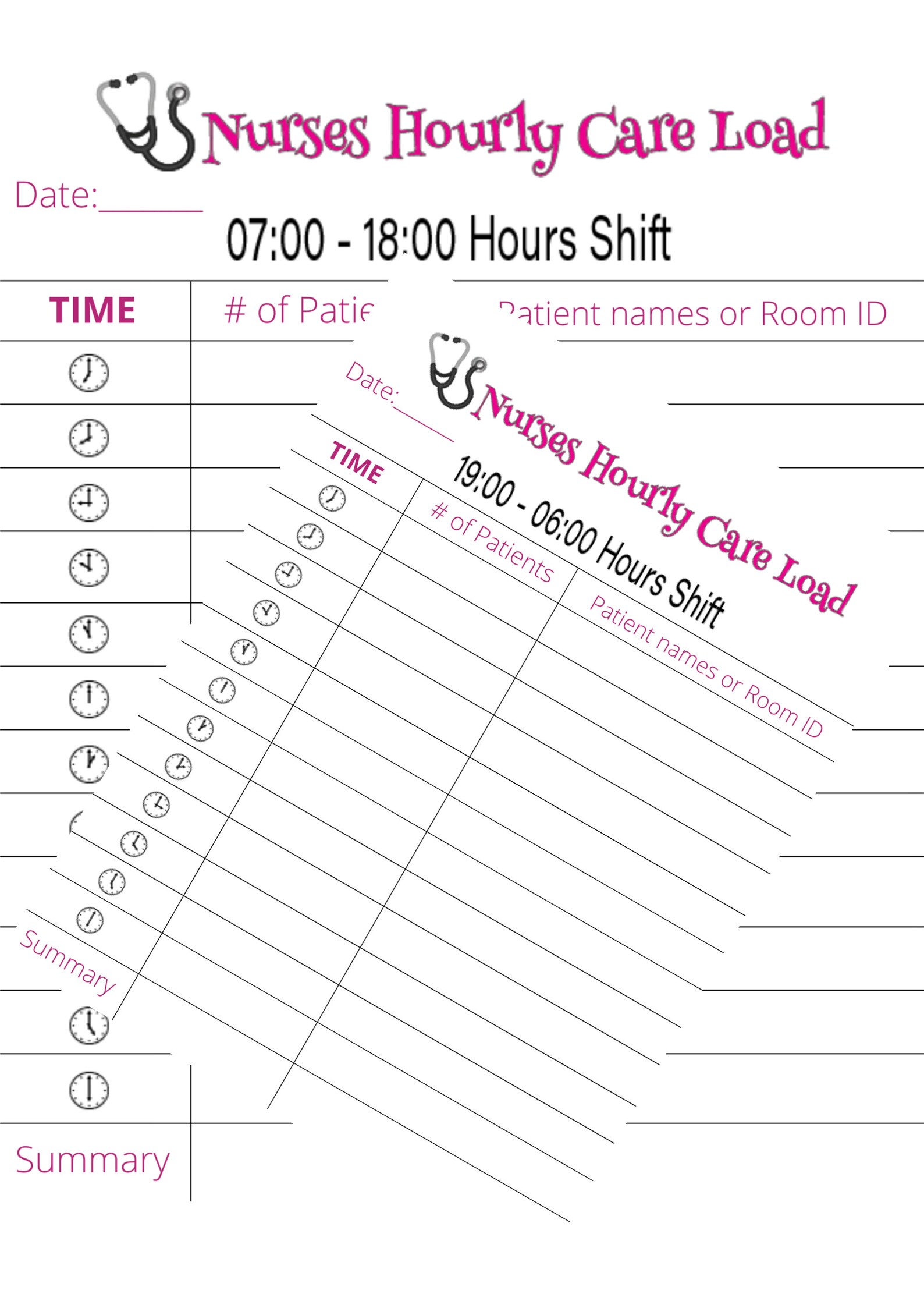 Nurses Image Hourly Care Load Sheet. Instant PDF Download. - Etsy