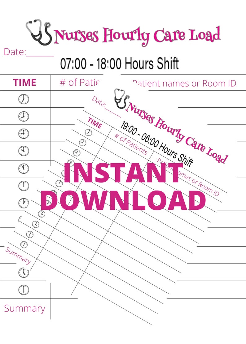 Nurses Image Hourly Care Load Sheet. Instant PDF Download. - Etsy
