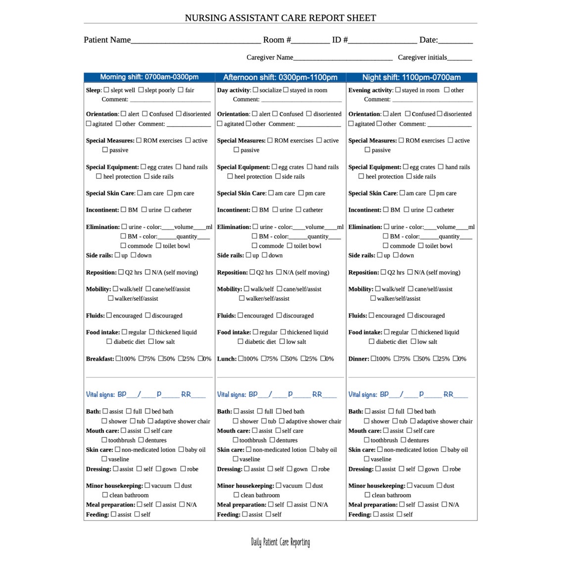 Nursing Assistant CNA Caregiver Report Sheet. Document | Etsy