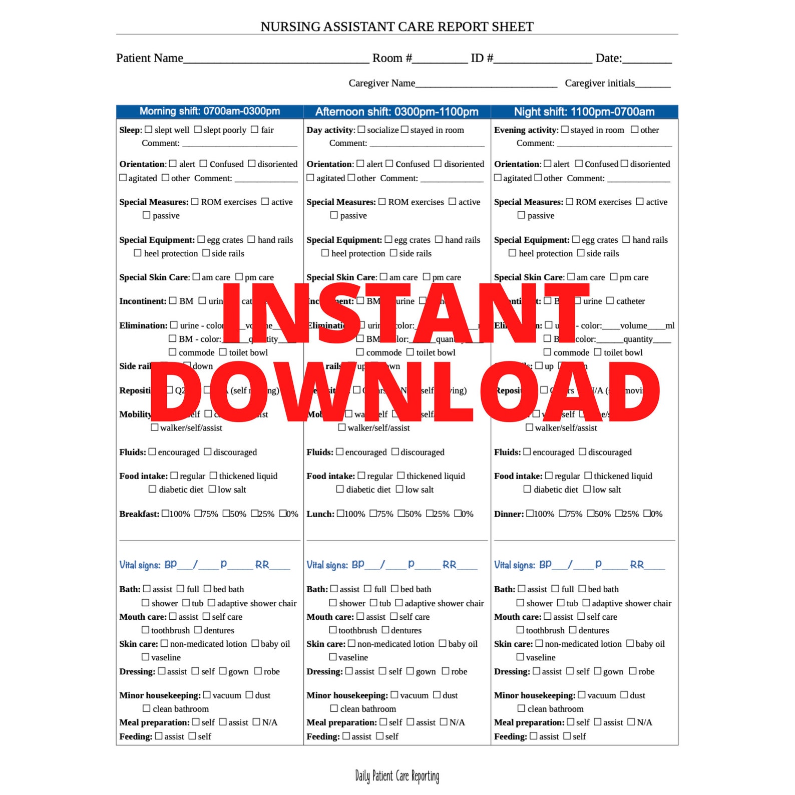 Nursing Assistant, CNA, Caregiver Report Sheet. Document Important ...