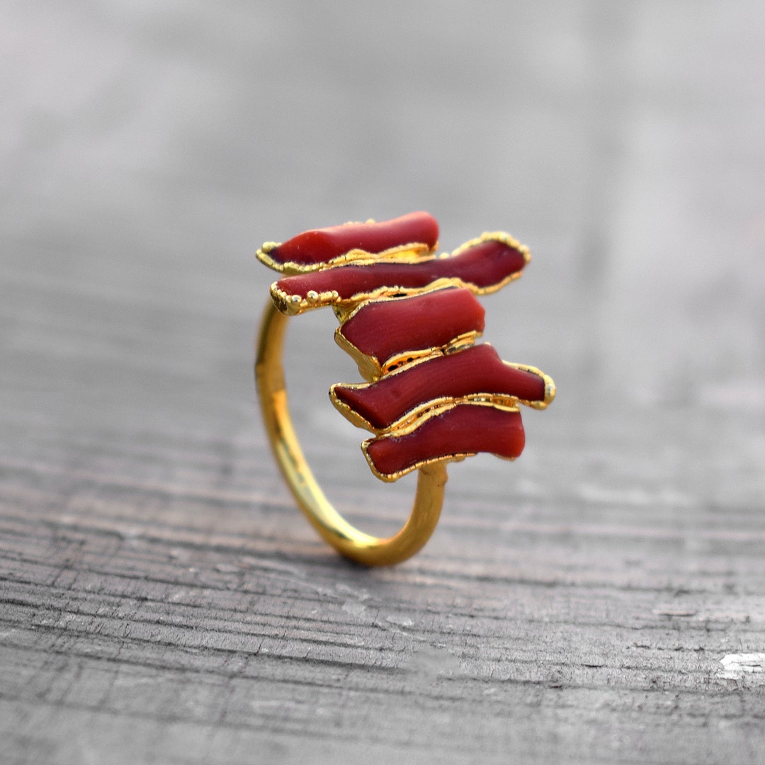 Natural Red Coral Pencil Gemstone Ring \ Rough Stone Ring \ Statement ...