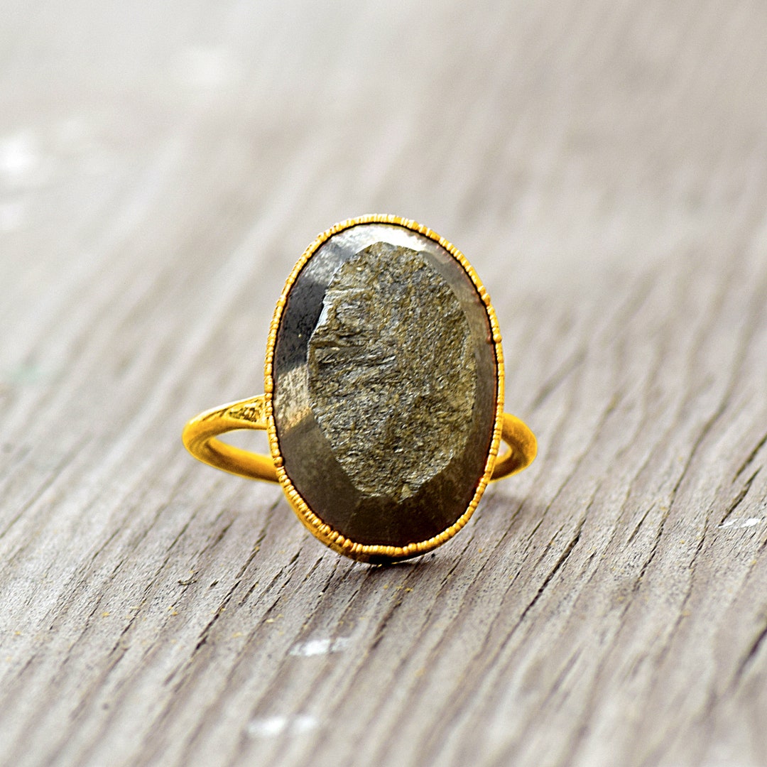 Natural Pyrite Gemstone Statement Ring \ Copper Ring \ Rough Stone Ring ...