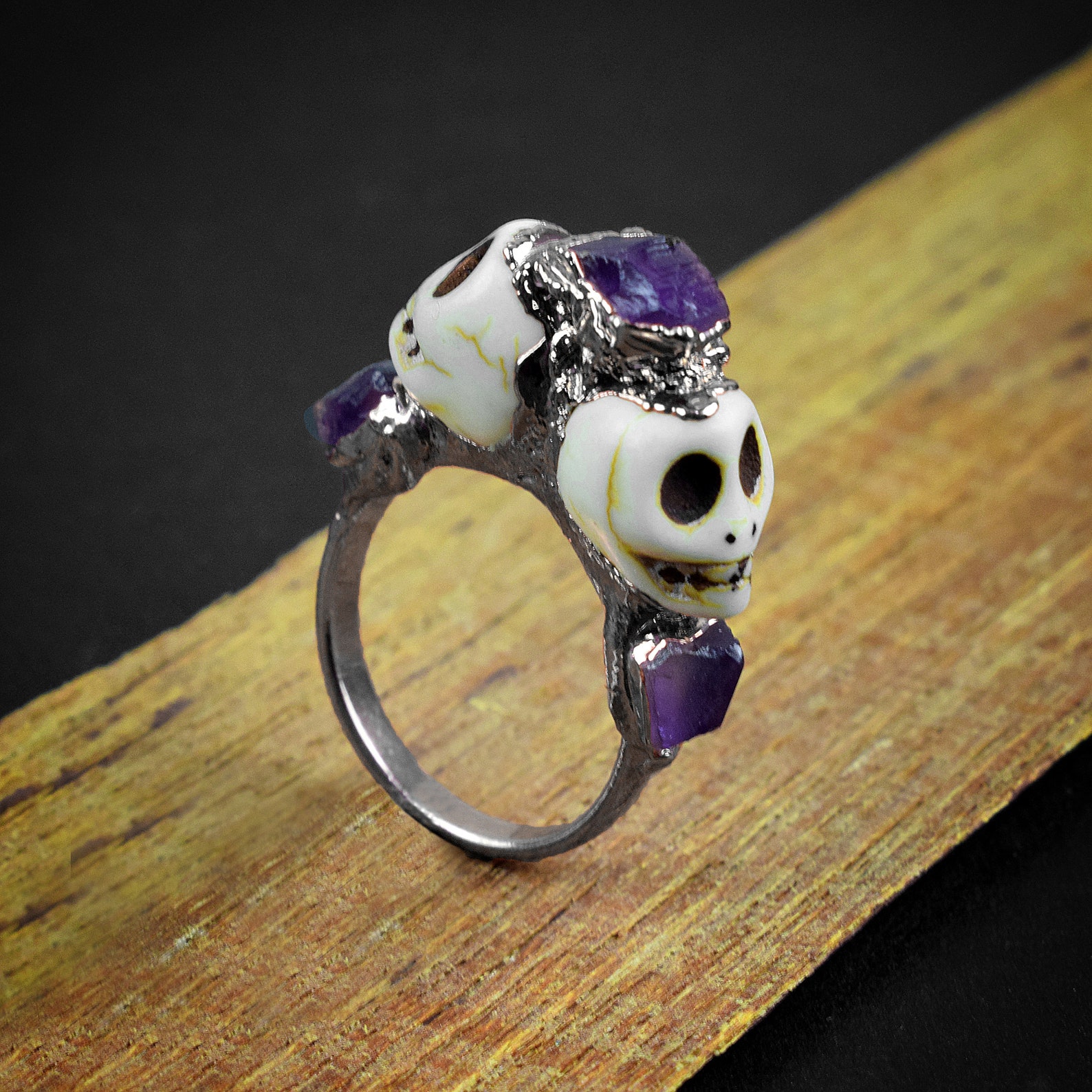 Purple Amethyst Ring Horror Skull Ring Rough Stone Ring - Etsy