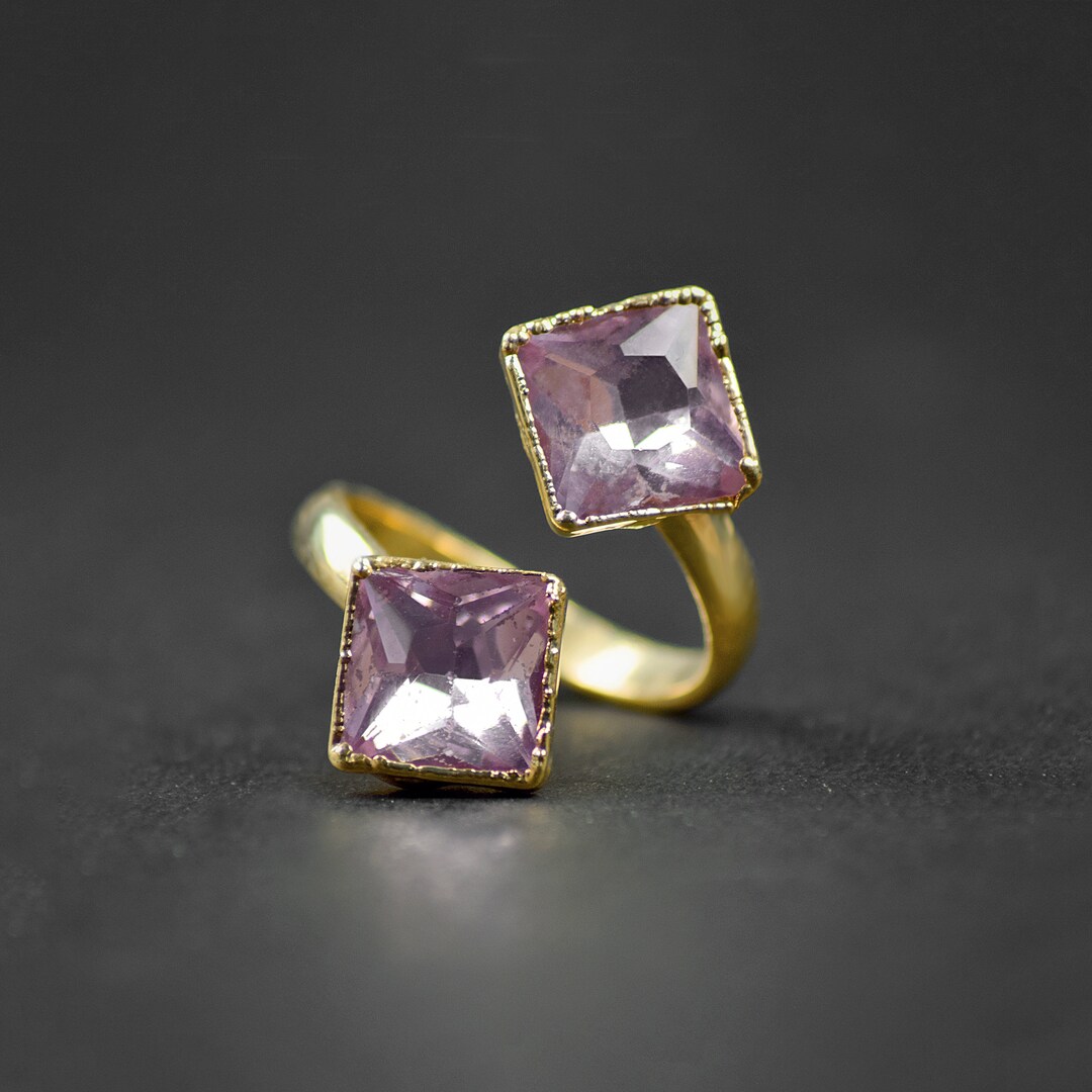 Rose Quartz Hydro Gemstone Ring \ Princess Cut Ring \ Open Ring \ Rings ...