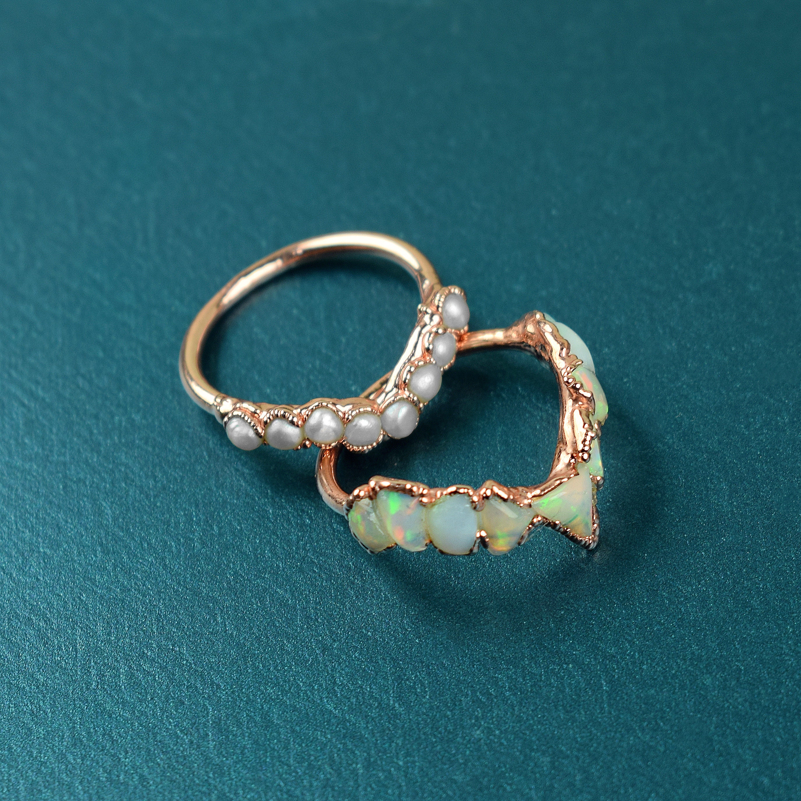 Natural Fire Opal & White Pearl Ring \ Duo Ring \ Crown Design Ring ...
