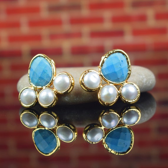 Pearl and Turquoise Gemstone Stud Earring Flower Stud Handmade Jewelry Birthstone Earrings Screw Back Earring Dangle Earrings Etsy