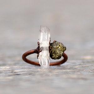 Natural Pyrite & Crystal Pencil Ring \ Gemstone Ring \ Womens Ring ...
