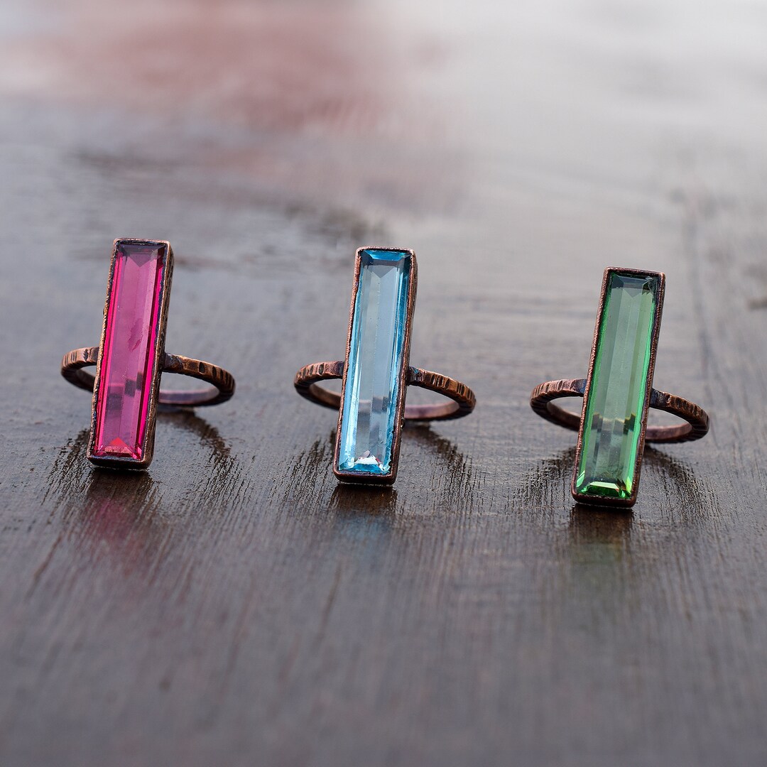 Blue Topaz Hydro Gemstone Bar Ring \ Peridot Hydro Ring \ Pink Amethyst ...