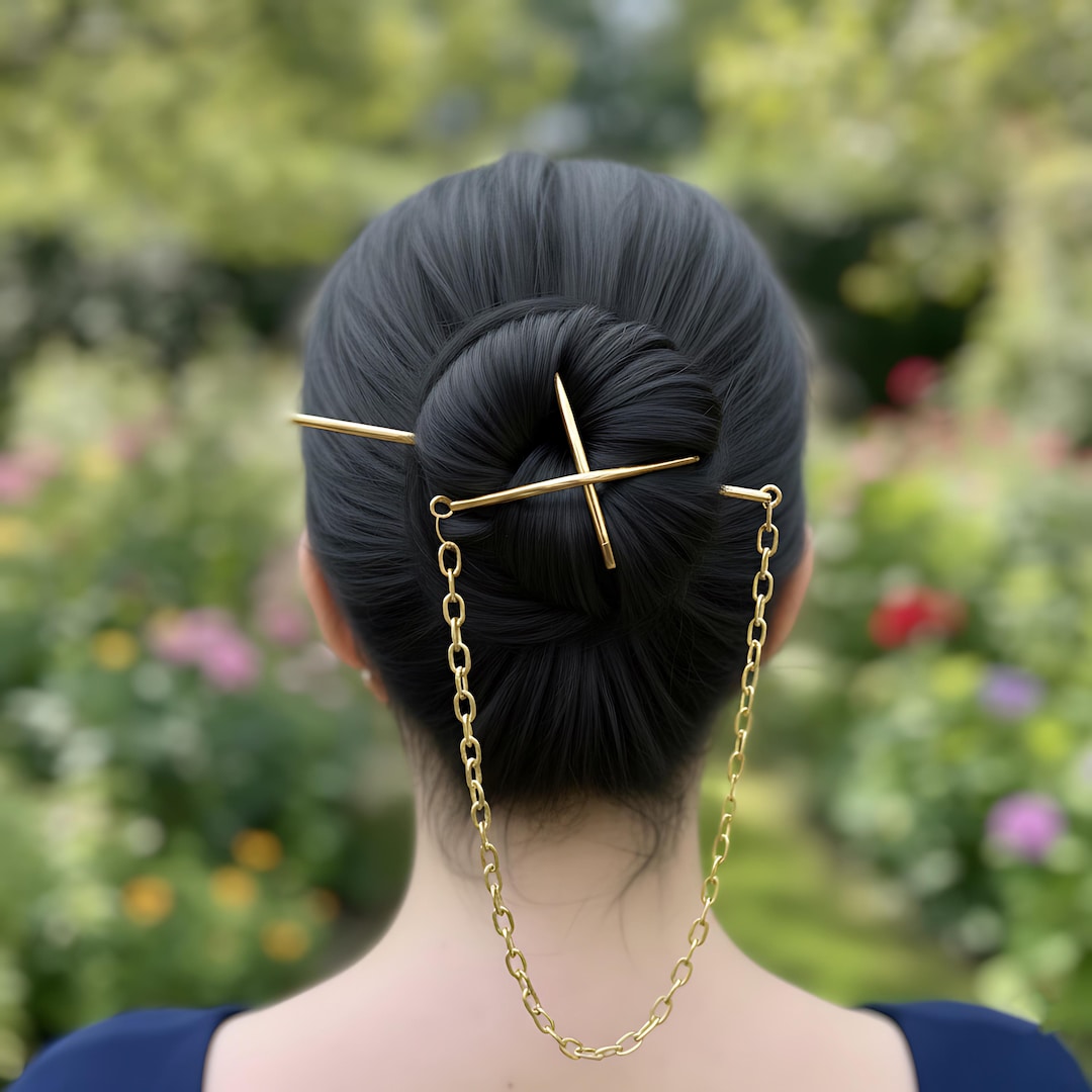 Golden Bun Cage With Chain \ Minimalist X-shape Hair Slide \ Hair Bun ...