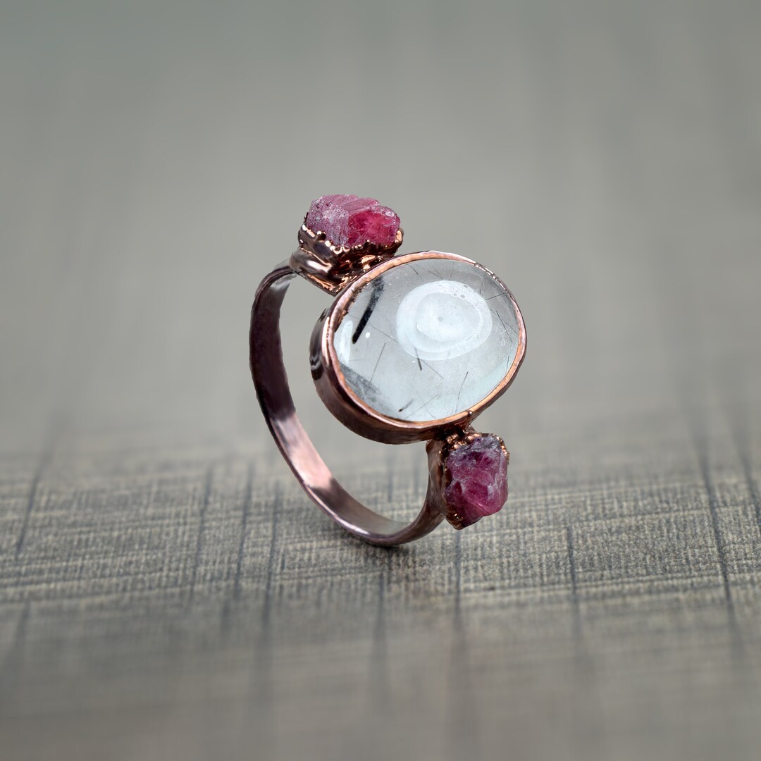 Natural Black Rutile & Ruby Engagement Ring \ Gemstone Ring \ Brass ...