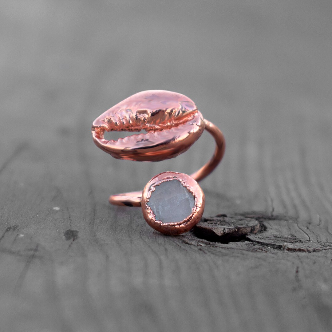 Natural Moonstone Stone & Cowrie Shell Ring Gemstone Ring Adjustable ...