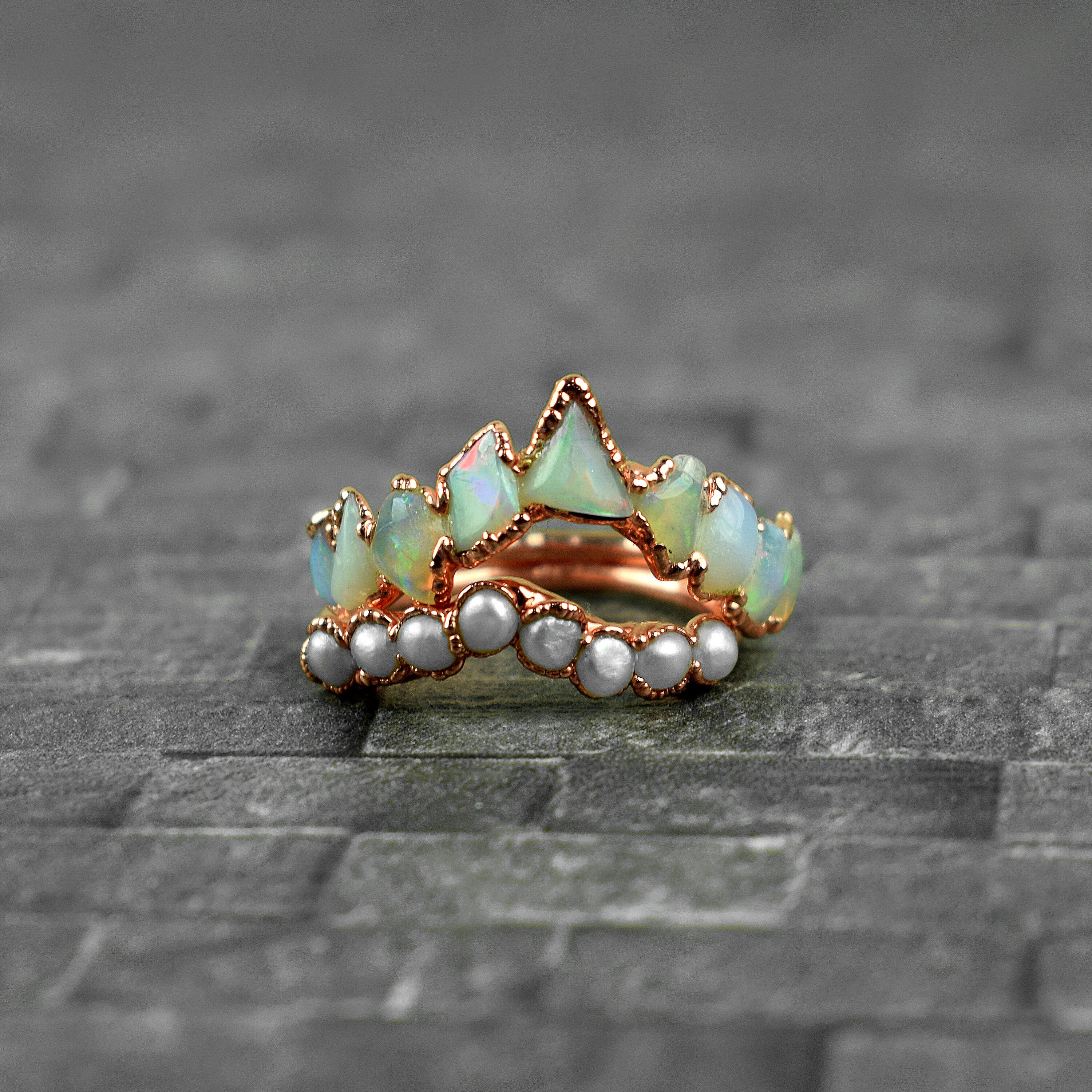 Natural Fire Opal & White Pearl Ring \ Duo Ring \ Crown Design Ring ...