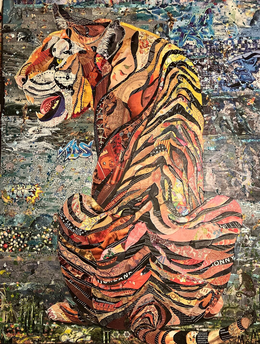 Large Painting With Tiger in Collages. Unique Piece, Not a Reproduction ...