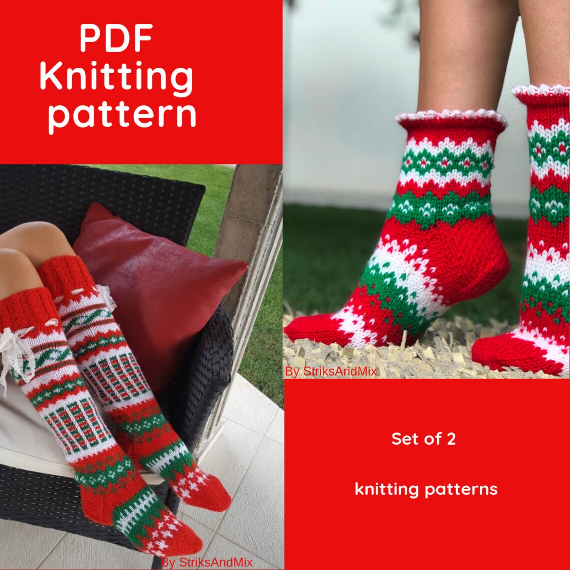 Set Od 2 Knitting Christmas Socks Pattern, Instant Downlod DIY ...