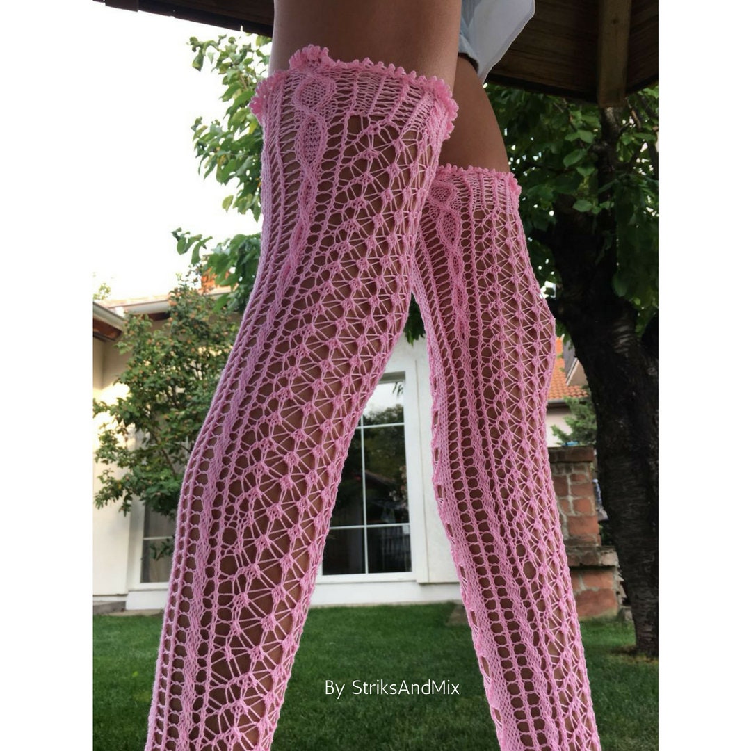 Knitting Pattern For Pink Lace Thigh High Socks With Hearts, Mesh ...