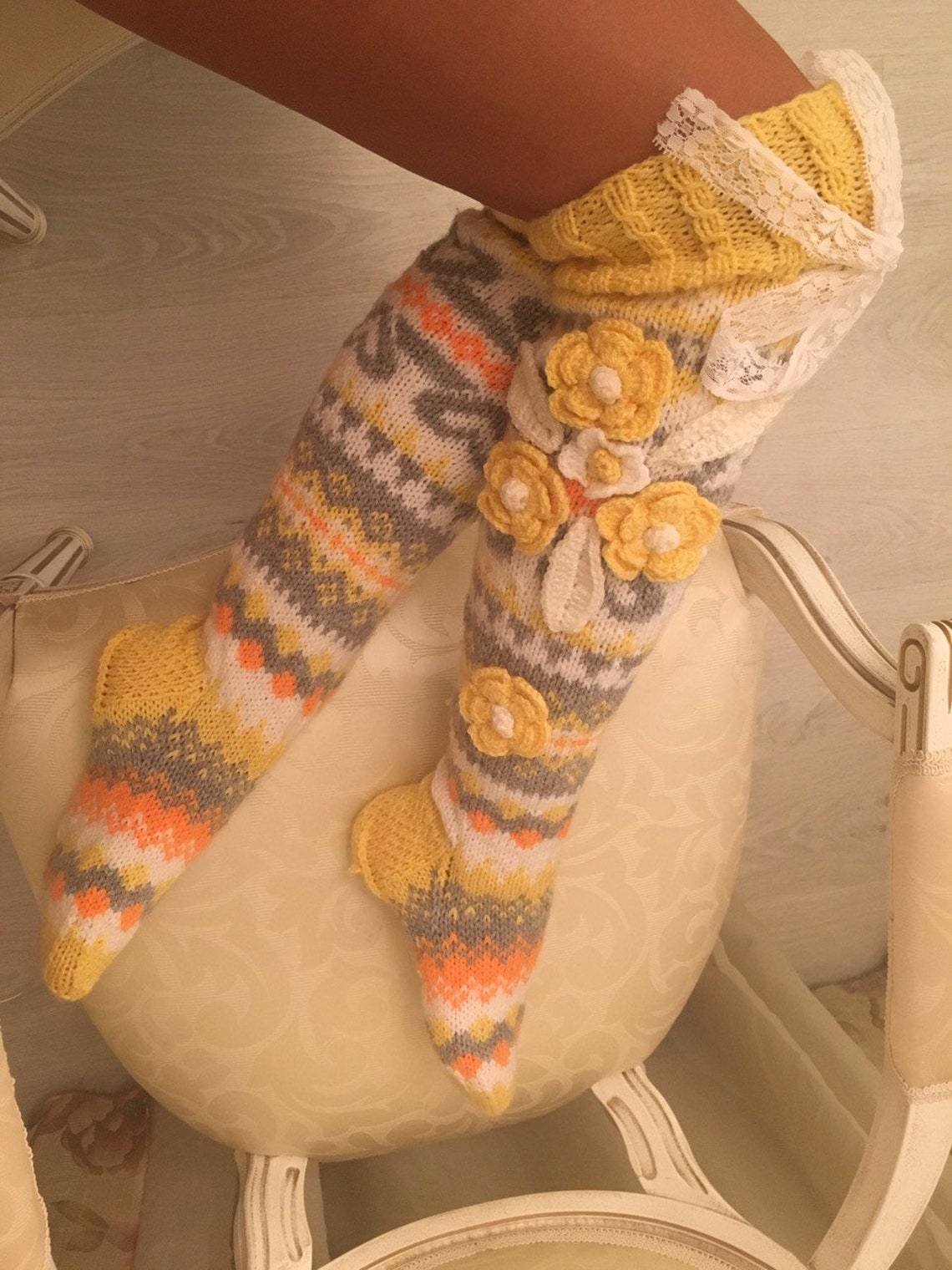 Pattern for Yellow Hand Knit Socks With Flowers, Instant Download PDF ...