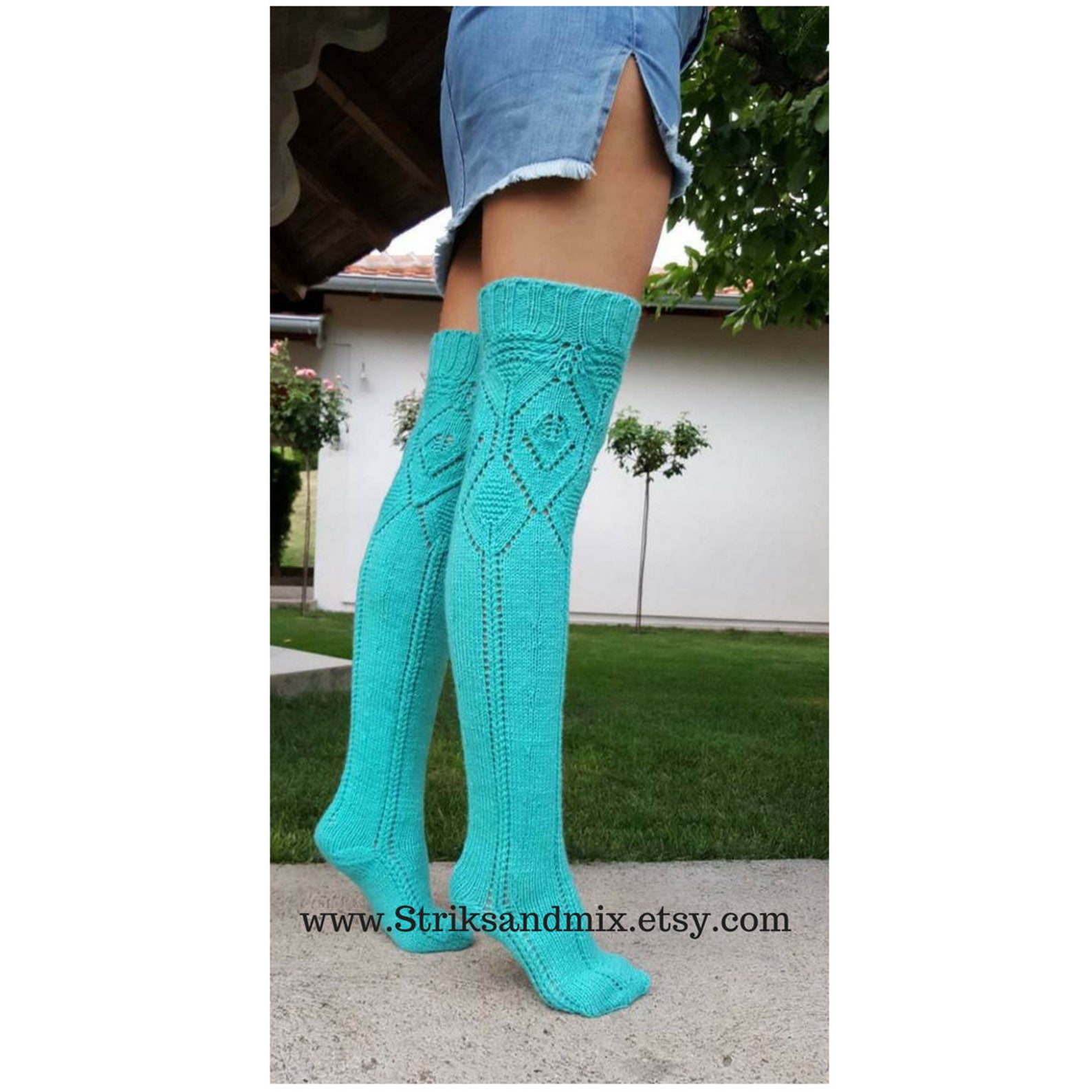 Turquoise Long Socks Pattern Lace House Socks Blue Knitted - Etsy