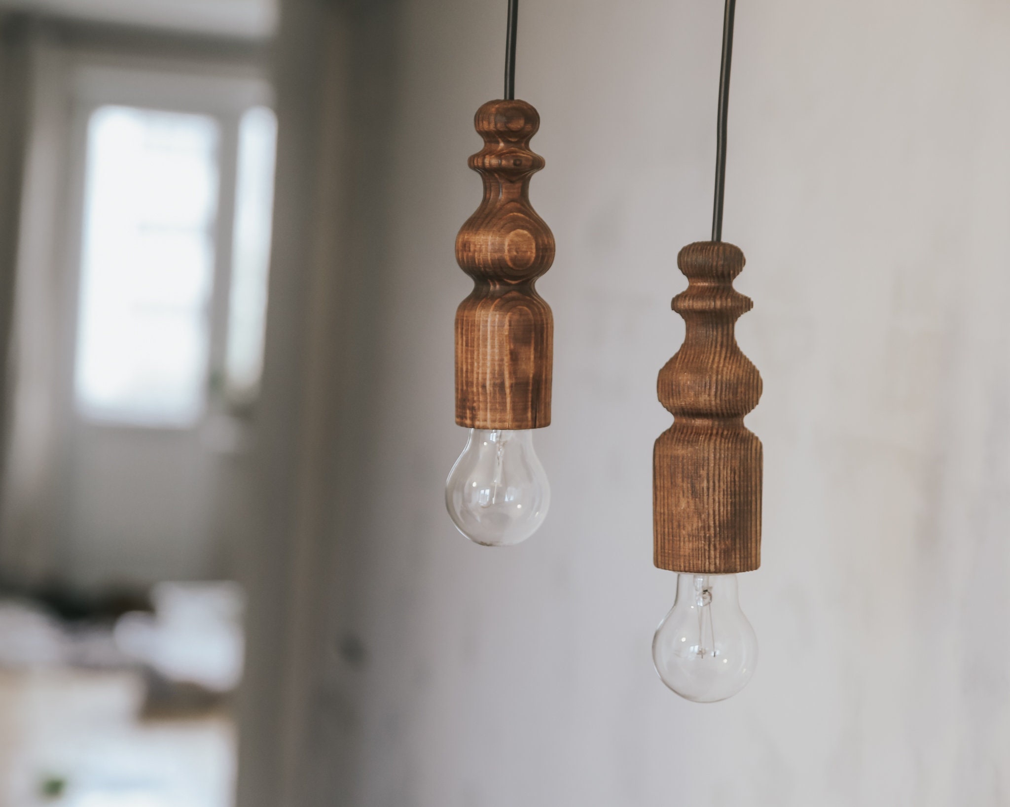 Turned Wooden Ceiling Lighting, Wood Pendant Light, Hanging Lamp ...