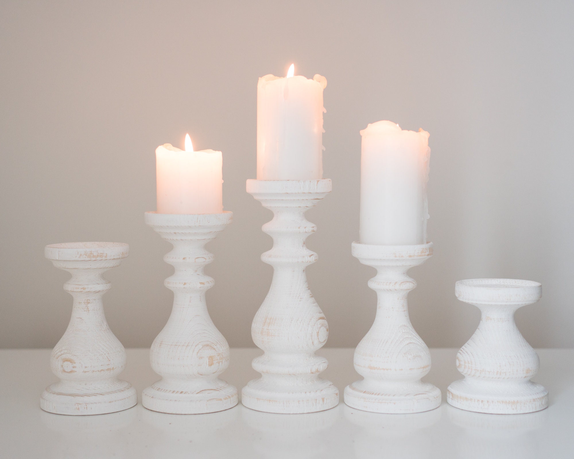 Farmhouse Decor White Wooden Candle Pillars Set of Five Rustic ...
