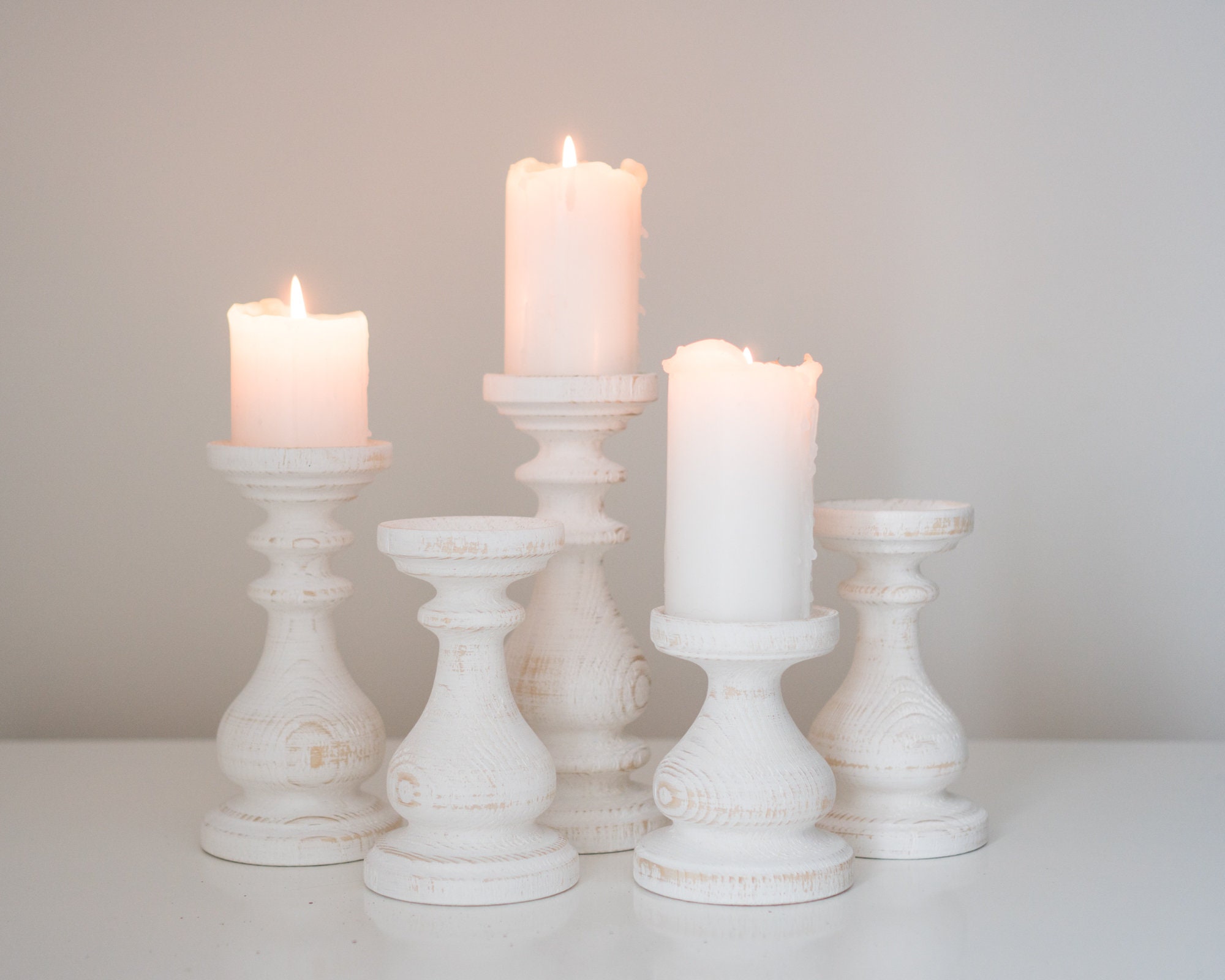 Farmhouse Decor White Wooden Candle Pillars Set of Five Rustic ...