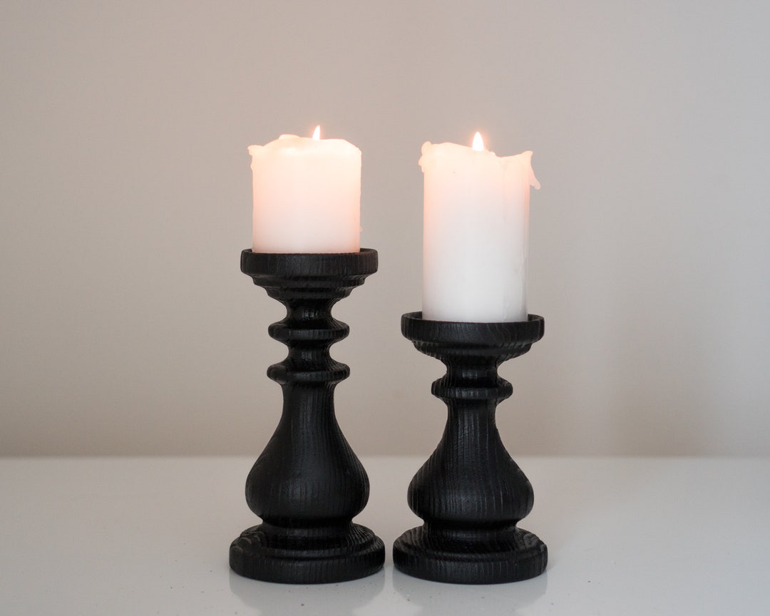 Set of Two Black Wooden Candle Holder Table Decor Turned Pillar Wood ...