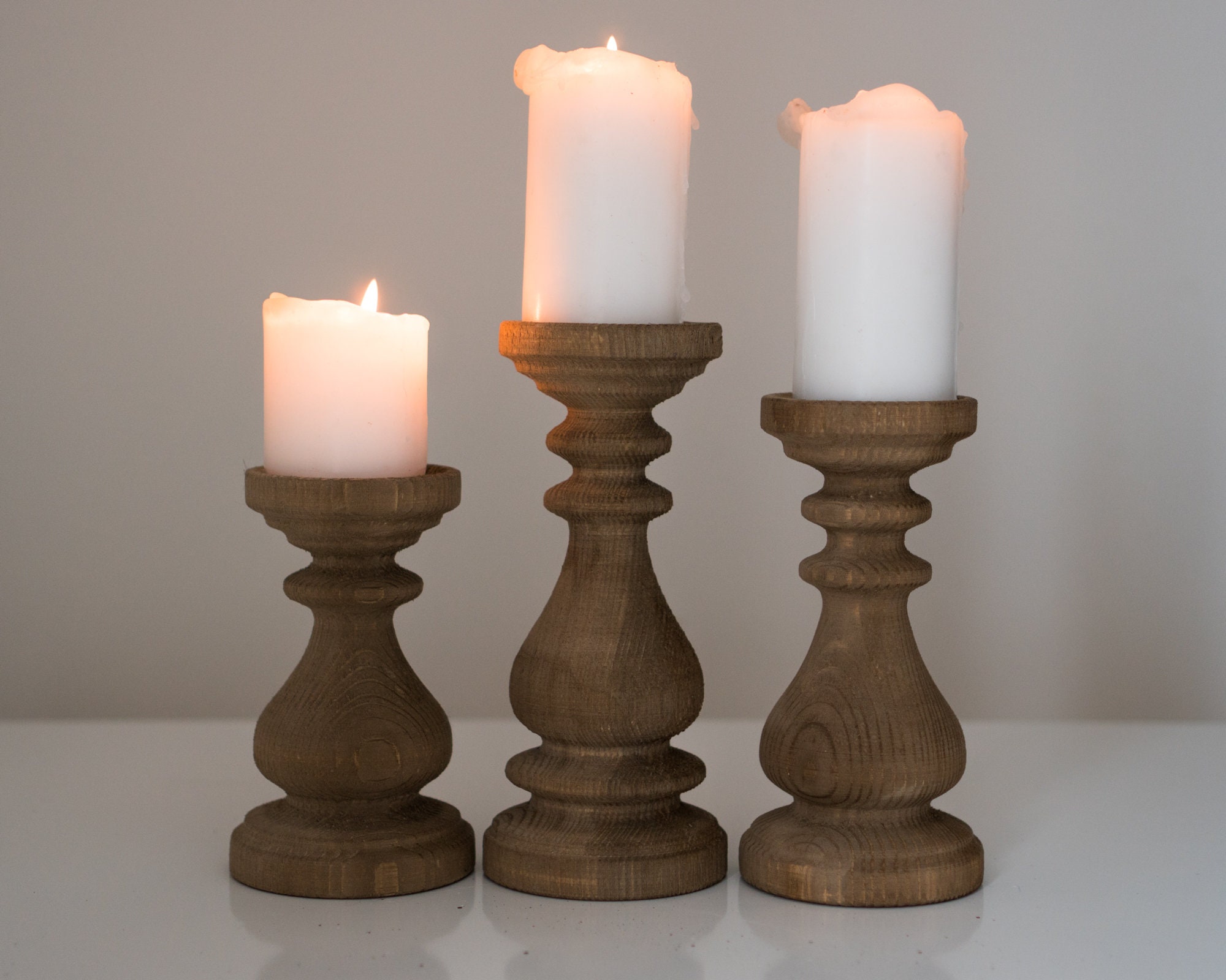 Cool Wood Color Candle Holders Set 3 Rustic Candle Sticks Three Wooden Decor Centerpiece Turned ...