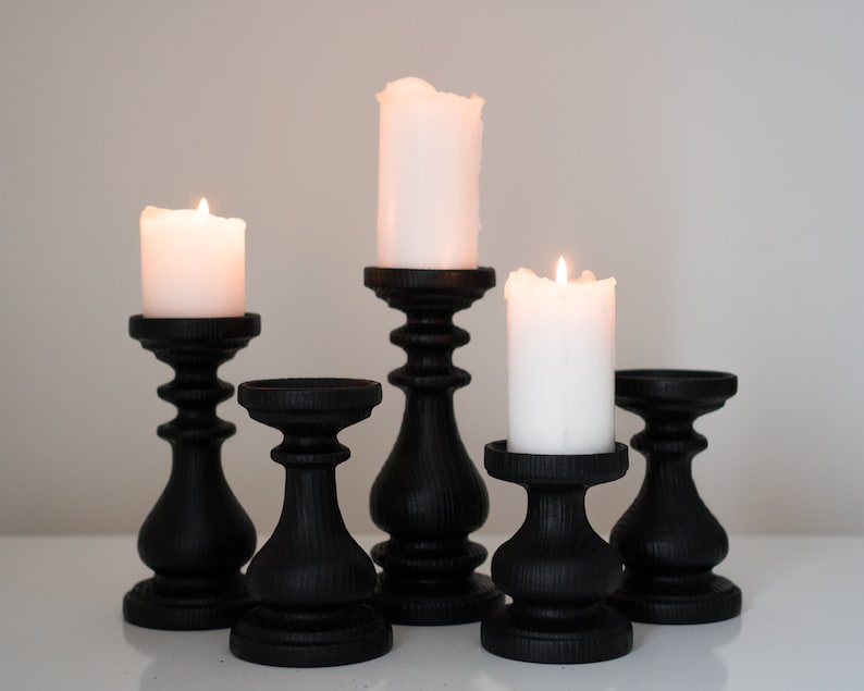 5 Black Candle Holders Set Rustic Candlesticks Three Wooden Decor ...