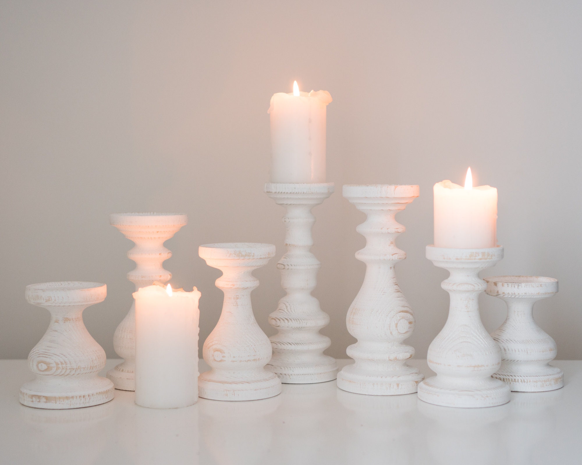 Beautiful White Candle Holders Set of 7 Candlesticks Seven Wooden ...