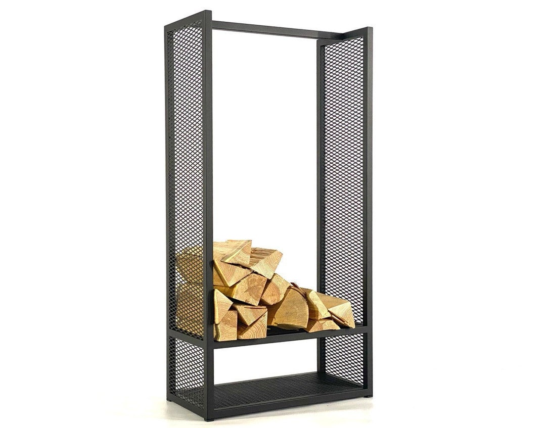 Modern Steel Log Holder With Mesh Sides & Kindling Shelf – Freestanding ...