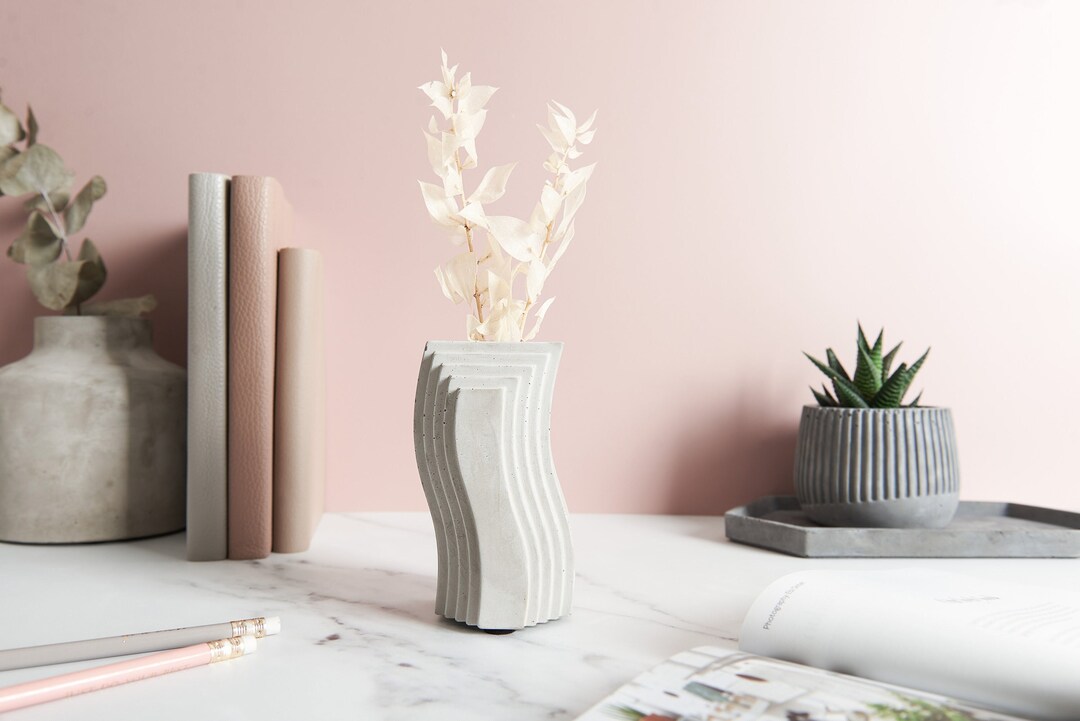 Wavey Geometric Concrete Vase - Modern Design for Faux or Dried Flowers ...