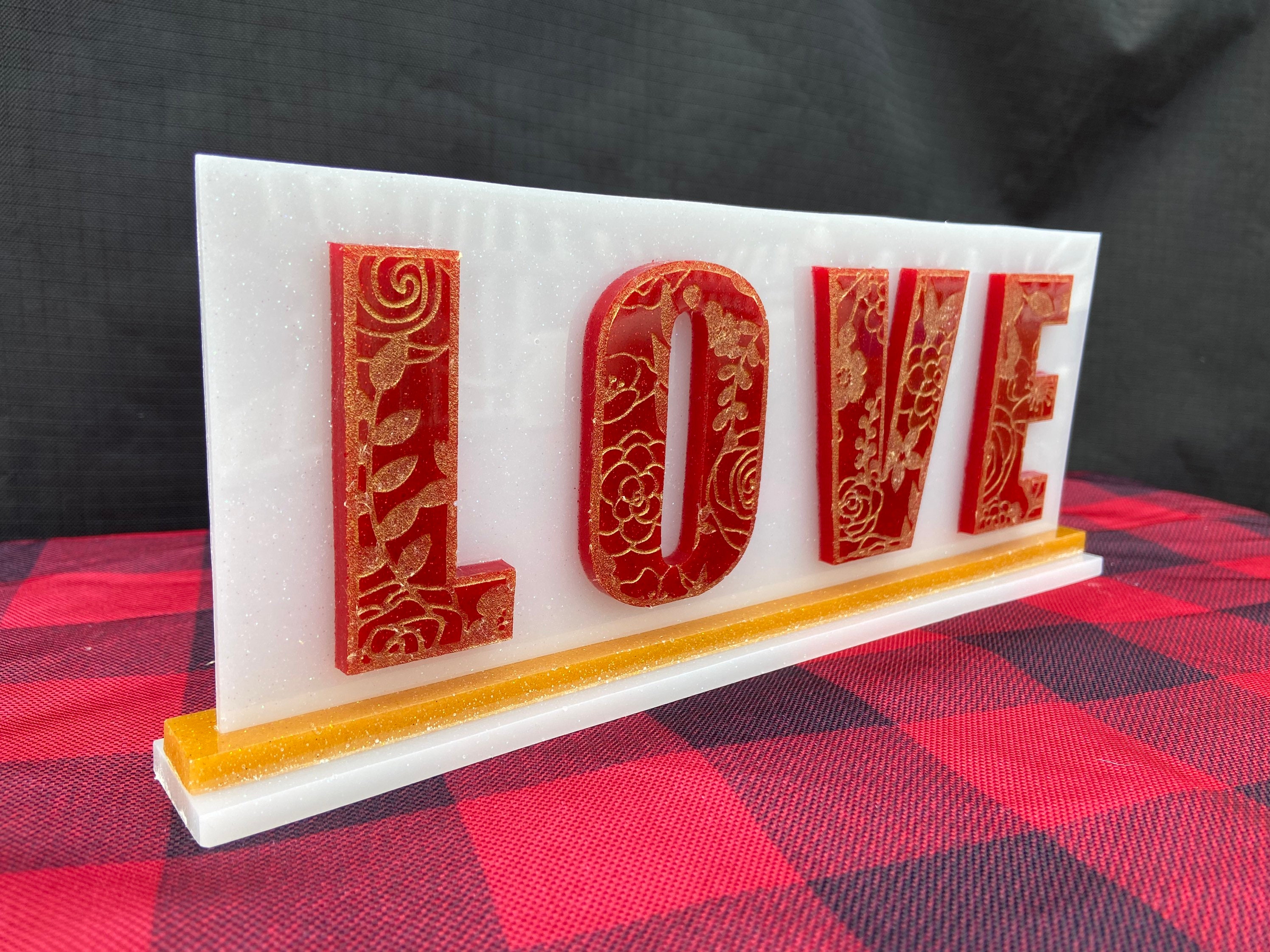 Epoxy Resin Love Sign with Floral Etching and Stand | Etsy