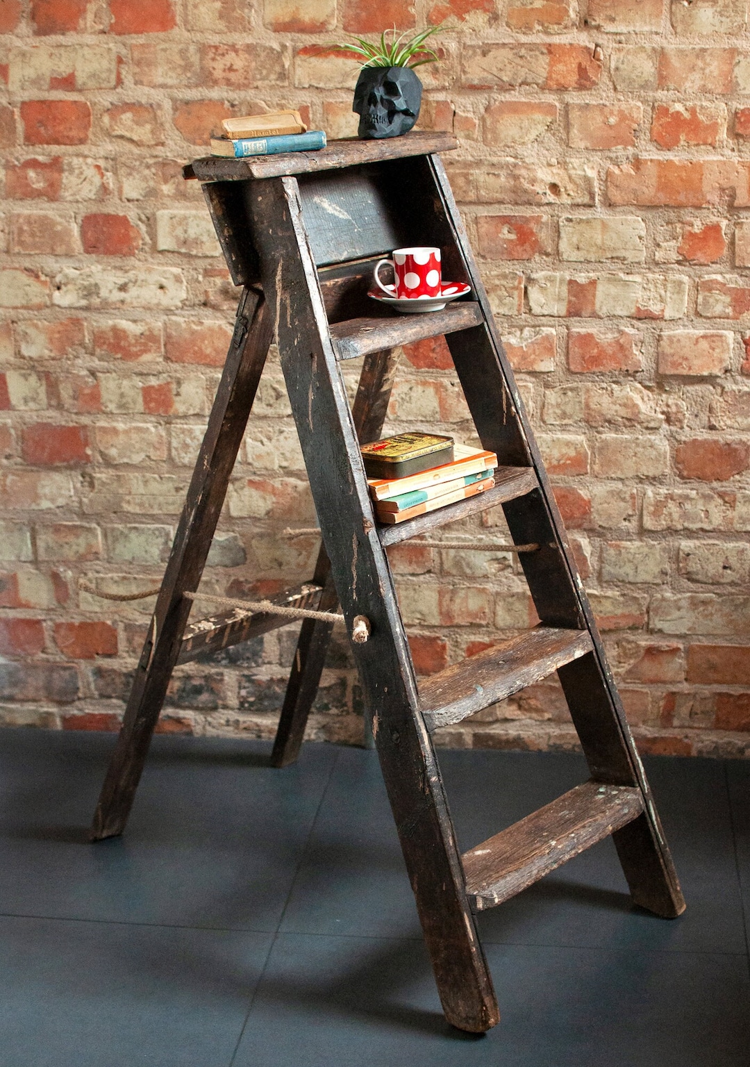 Step Ladder Vintage Wooden Shelving Unit Bookshelf Display Storage ...