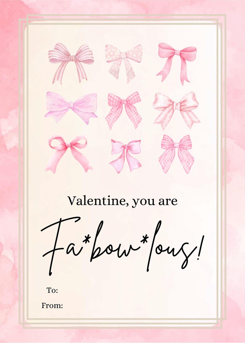 PRINTABLE Bow Valentine’s Day Card, Digital Download Pink Bow Valentine ...