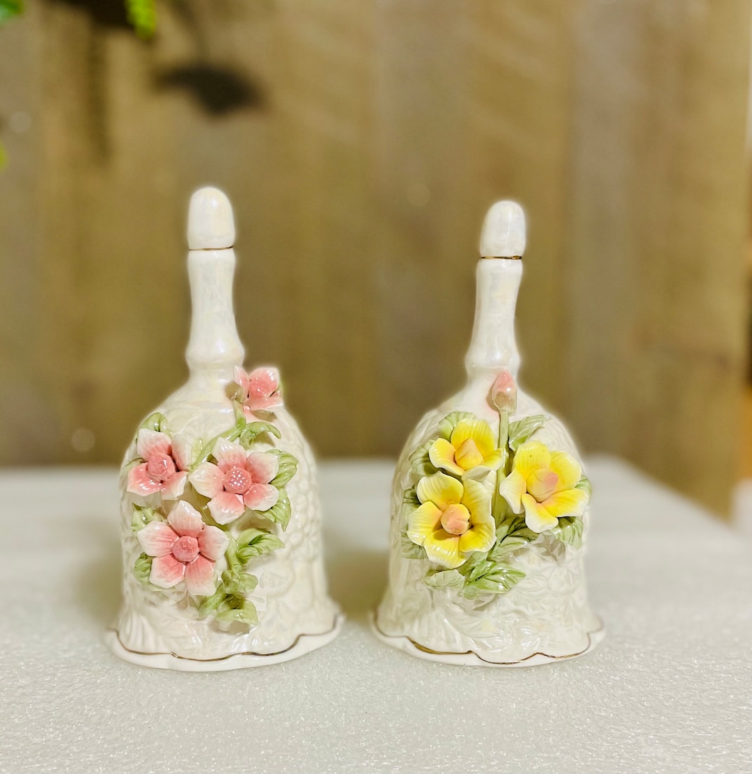 Vintage White Ceramic Dinner Bell: Embossed Flowers, Iridescent Accent ...