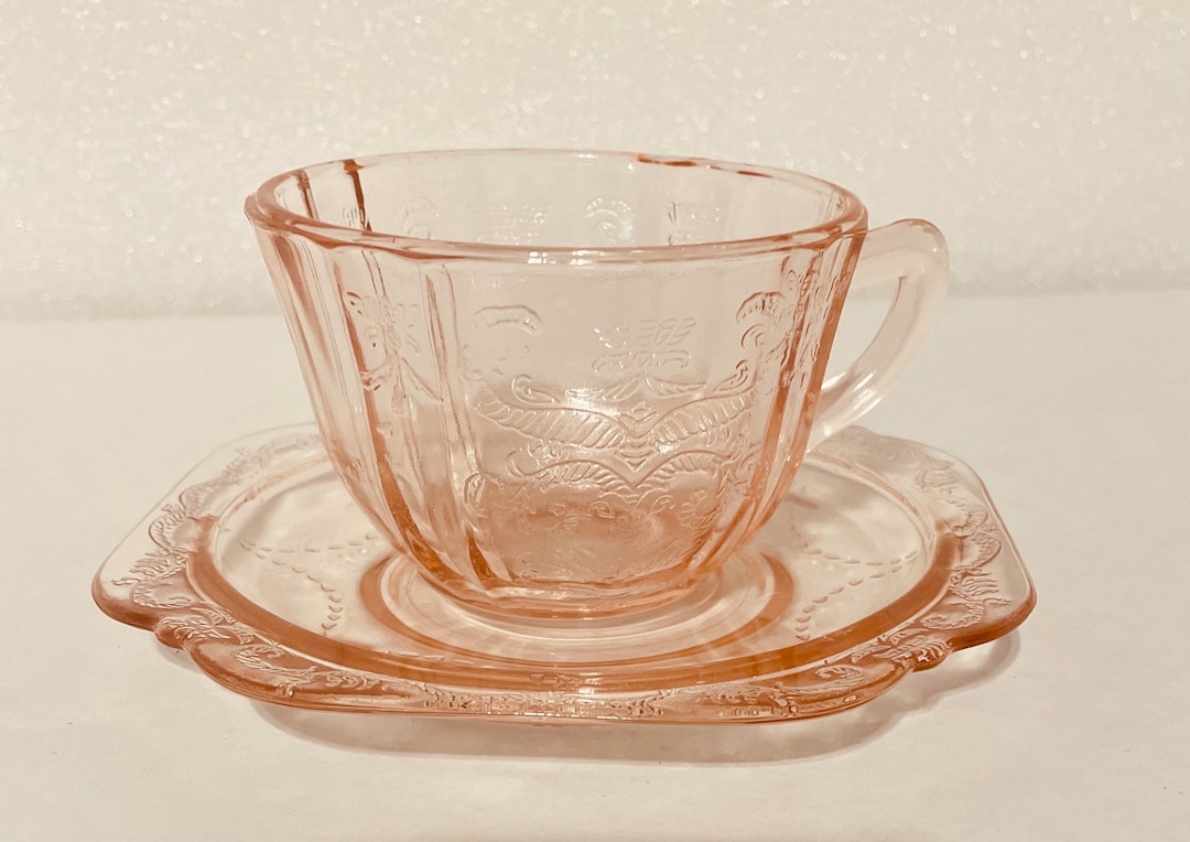 Pink Depression Glass Coffee Cup & Saucer Set, Pink Madrid Depression ...