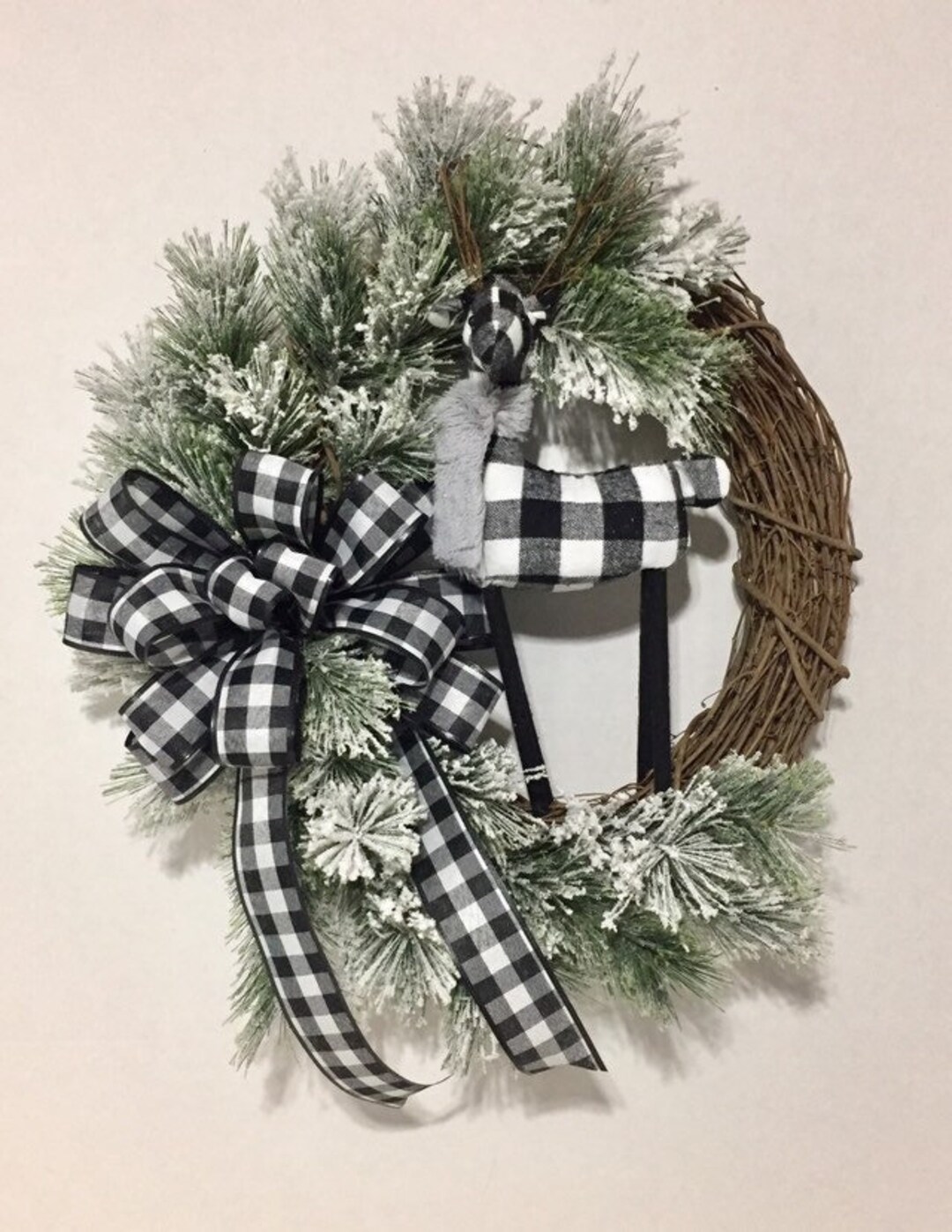 Buffalo Plaid Deer Wreath, Winter Wreath With Buffalo Plaid Deer, Snowy ...