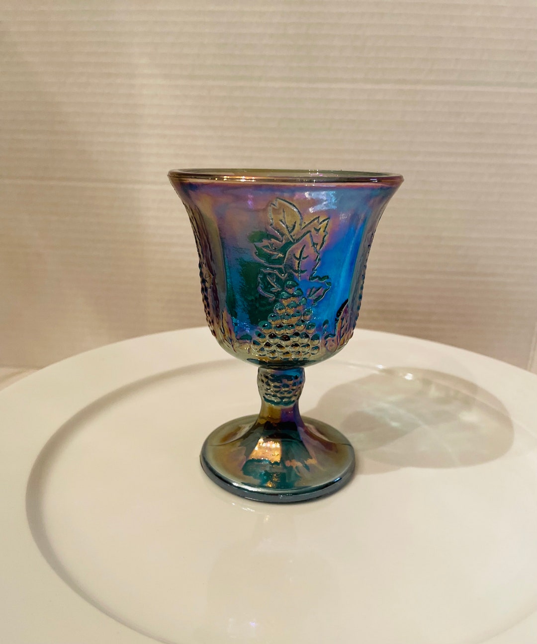 Vintage Blue Carnival Glass Pedestal Goblet Vintage, Pressed Blue ...
