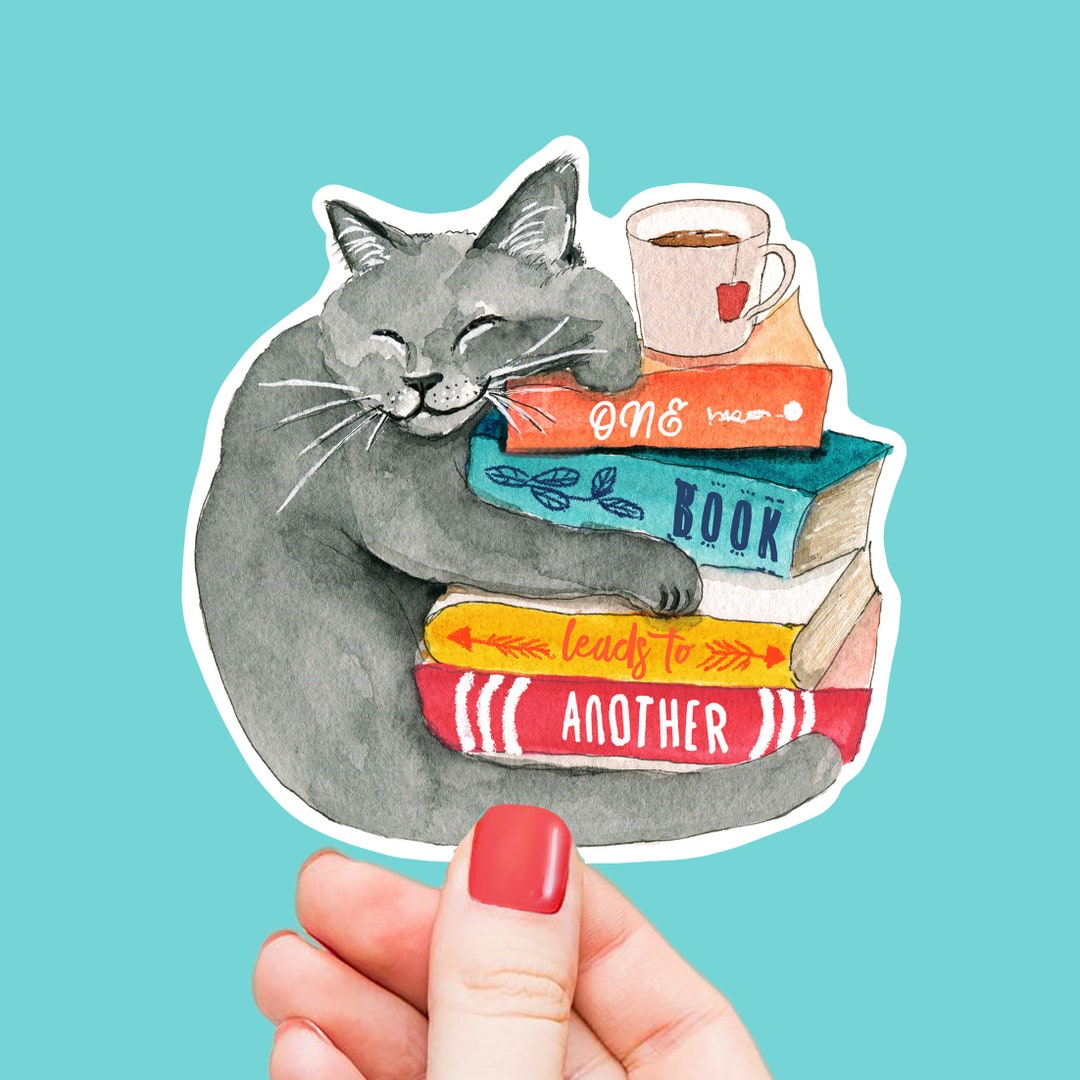 Book Lover Cat Sticker - One Book Leads to Another - Funny Waterproof ...