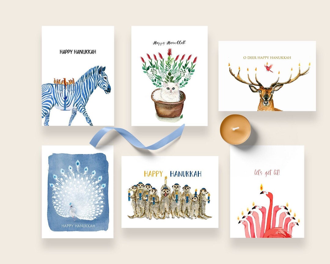 Animal Funny Hanukkah Cards Set - Handmade Menorah Greeting Cards Pack ...